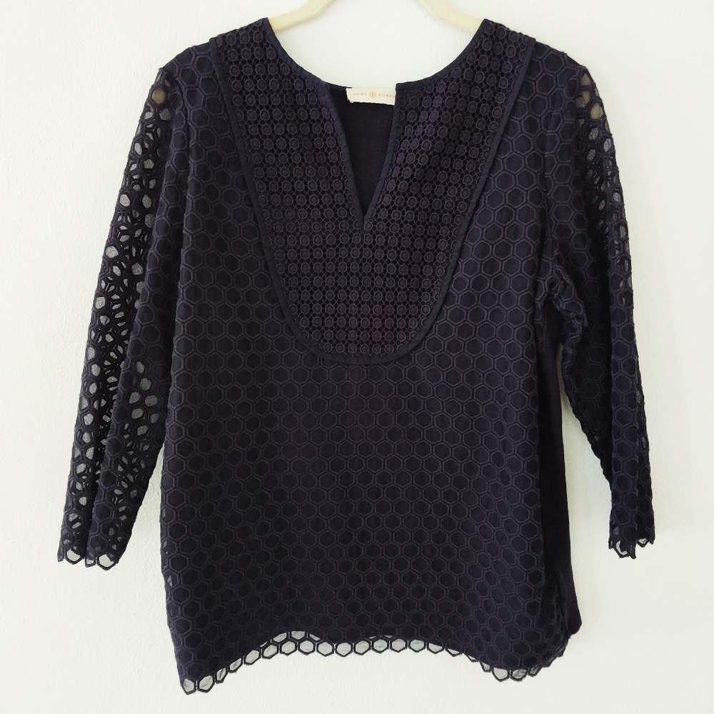 Tory Burch Linen Tali Embroidered Top Blue - Gem